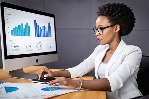 african businesswoman using analytics data kpi dashboard tech premium
