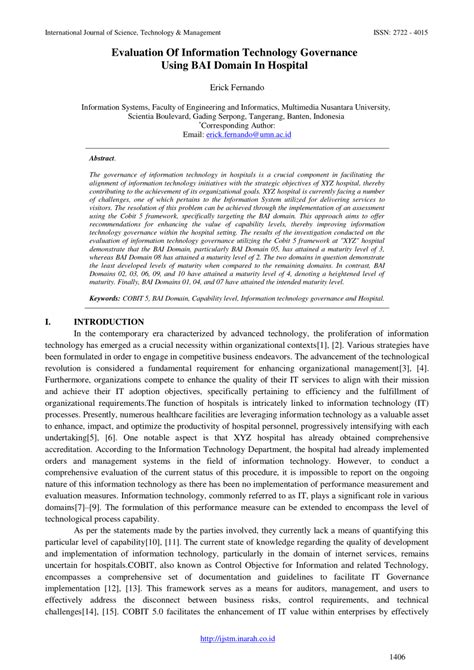 Pdf Evaluation Of Information Technology Governance Using Bai Domain In Hospital