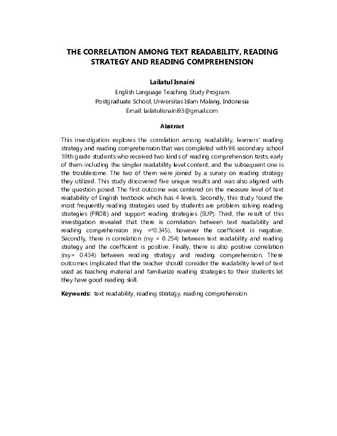 pdf the correlation among text readability reading strategy and reading comprehension