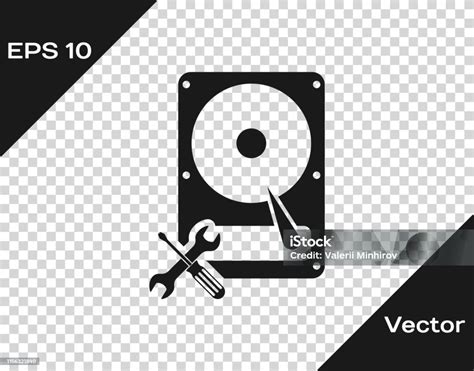 투명 한 배경에 격리 된 드라이버와 렌치 아이콘 회색 하드 디스크 드라이브 조정 서비스 설정 유지 보수 수리 고정 벡터 일러스트레이션 나사돌리개에 대한 스톡 벡터 아트 및