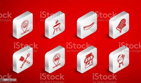 세트 라인 바베큐 그릴 뜨거운 칠리 페퍼 포드 오븐 장갑 쇼핑 건물 화재 불꽃 바베큐와 교차 포크와 주걱 아이콘위치 벡터 3차원 형태에 대한 스톡 벡터 아트 및 기타 이미지