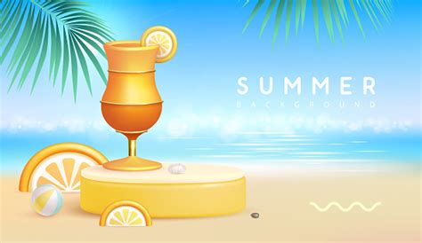 3d 무대와 데킬라 일출 칵테일이 있는 여름 해변 배경 화려한 여름 풍경입니다 벡터 그림 무대에 대한 스톡 벡터 아트 및 기타 이미지 Istock