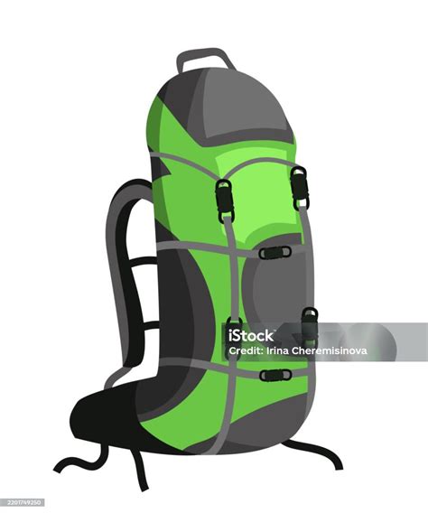 하이킹 그린 백팩 캠핑 장비는 투명 배경에 고립되어 있습니다 관광 액세서리 침낭이 있는 녹색 여행용 배낭 하이킹 배낭 트레킹 장비 플랫 벡터 일러스트 레이 션 가방에 대한