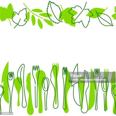 원활한 테두리 요리 봄 또는 여름 메뉴 칼붙이와 녹색 잎 주방 용품의 윤곽과 실루엣 벡터 일러스트레이션 가정용 장비에 대한 스톡 벡터 아트 및 기타 이미지 Istock