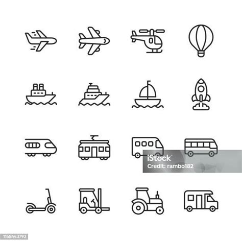 교통 선 아이콘입니다 편집 가능한 스트로크입니다 픽셀 완벽한 모바일 및 웹용 교통 자동차 차량 비행기 비행기 열기구 크루즈 선박 로켓 기차 스쿠터와 같은 아이콘이 포함되어