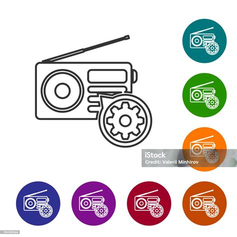 흰색 바탕에 안테나와 기어 라인 아이콘이 있는 회색 라디오 조정 응용 프로그램 서비스 개념 설정 옵션 유지 보수 수리 고정 컬러