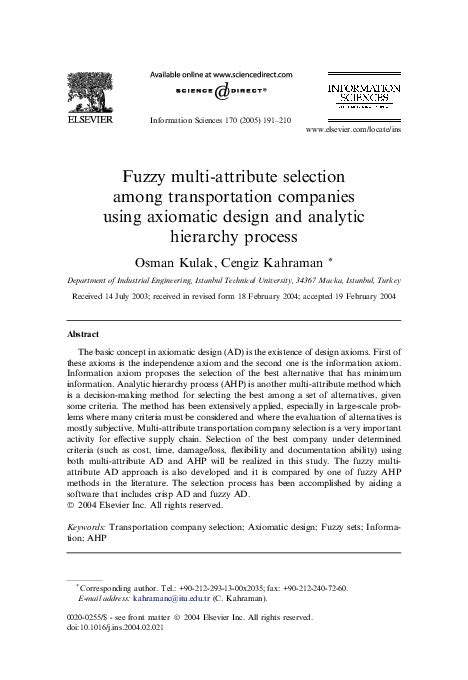 Pdf Fuzzy Multi Attribute Selection Among Transportation Companies Using Axiomatic Design And