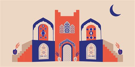 창조적 인 미니멀리스트 초록 분수대 촛불 램프 계단 실내 식물이있는 집 또는 모스크 외관 벡터 일러스트 레이 션 0명에 대한