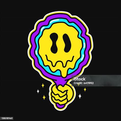 거울 로고에 재미 환각 녹는 미소 얼굴 벡터 만화 캐릭터 일러스트 로고 미소 노란색 그루비 얼굴 녹아 산 테크노 거울 티셔츠