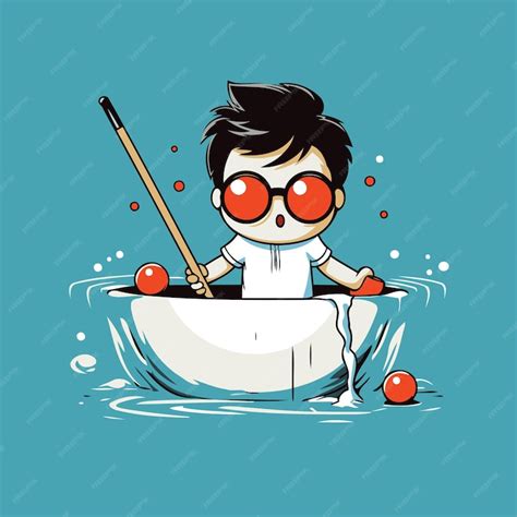 수영장에서 빌리어드를 하는 만화 소년 터 일러스트레이션 프리미엄 벡터