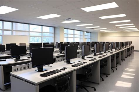 Computer Lab With Rows Of Computers Premium Ai Generated Image