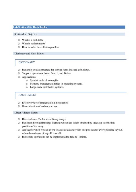 Introduction To Hashing Labsection 10 Hash Tables Sectionlab Objective What Is A Hash