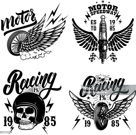 오토바이 모터 바퀴 경주 엠 블 럼 템플릿의 집합입니다 날개입니다 레이블 상징 기호 포스터 T셔츠를 위한 디자인 요소입니다