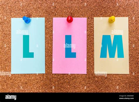 3 letters keyword llm large language model on stickers attached to a cork board generative