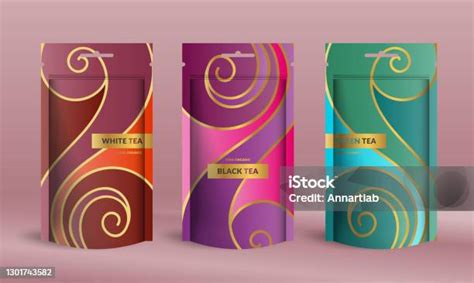 지퍼 파우치 백 모형으로 다채로운 차 포장 디자인 벡터 장식 템플릿입니다 우아하고 고전적인 요소 음식 음료 및 기타 패키지