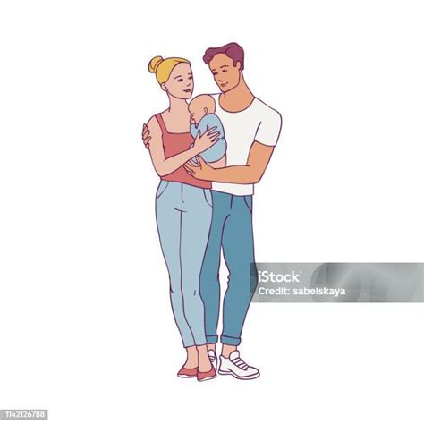 젊은 부부는 팔에 그들의 신생아를 들고 행복 한 가족 벡터 일러스트 보살핌에 대한 스톡 벡터 아트 및 기타 이미지 보살핌 아들 아버지 Istock