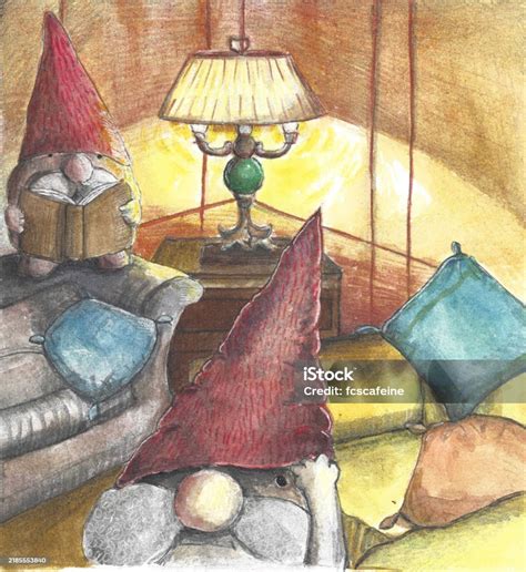 두 명의 작은 산타 클로스가 거실에서 행복하게 책을 읽고 있는 크리스마스 장면의 그림 가정 생활에 대한 스톡 벡터 아트 및 기타 이미지 가정 생활 가정의 방 감시