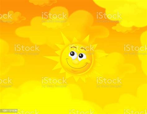 텍스트에 대 한 공간을 가진 만화 여름 하늘과 행복 한 태양 배경 구름 풍경에 대한 스톡 벡터 아트 및 기타 이미지 구름 풍경 귀여운 노랑 Istock