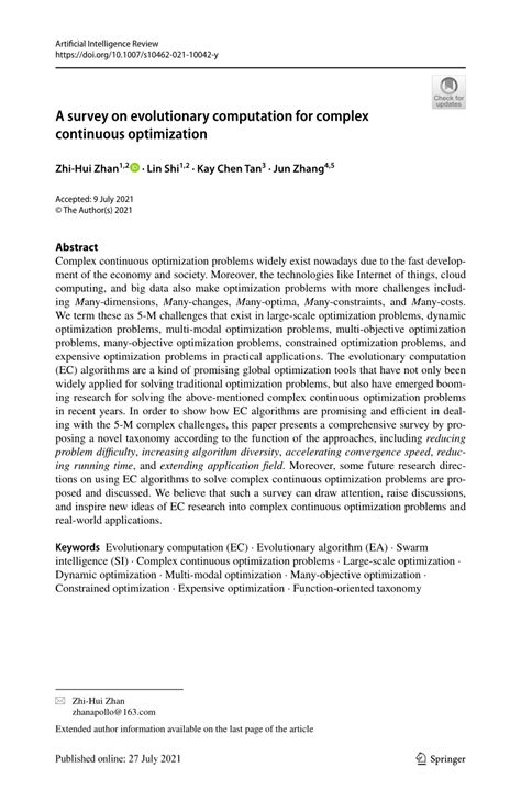 pdf a survey on evolutionary computation for complex continuous optimization