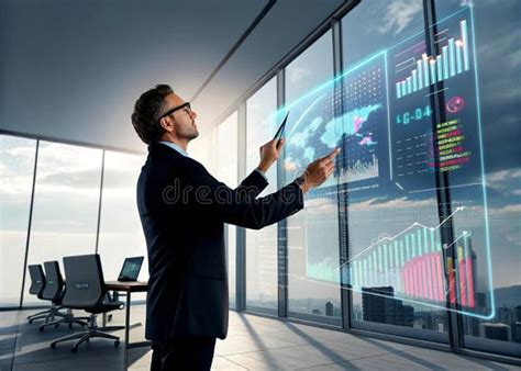 A Businessman Using A Futuristic Touchscreen Interface With Digital Data Visualization Stock