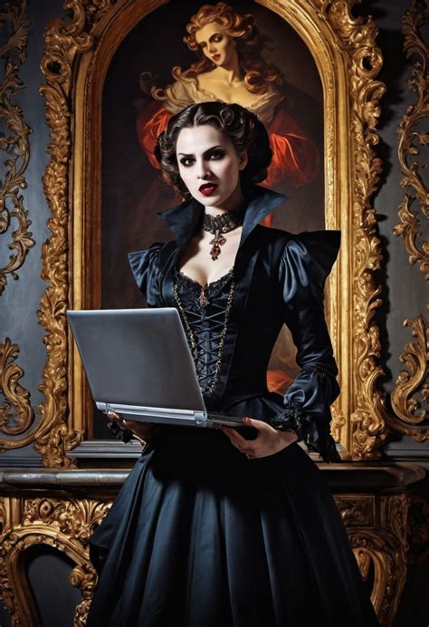 Female Vampire Working On Laptop Stable Diffusion Online