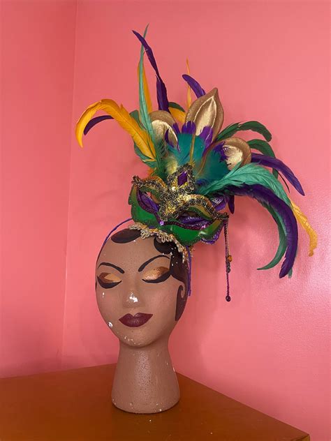Fabulous Feathered Rooster Tails Fleur De Lis And Masquerade Mask Fascinator Headband In Purple