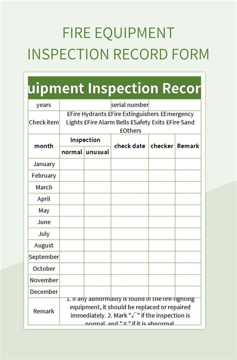 Fire Equipment Inspection Record Form Template