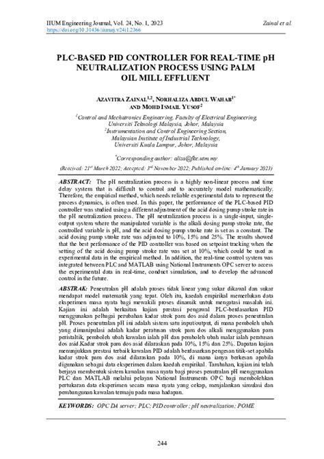 Pdf Plc Based Pid Controller For Real Time Ph Neutralization Process Using Palm Oil Mill Effluent