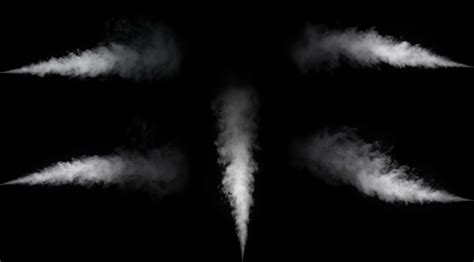 추상적 인 안개 또는 흰 연기가 증발하고 흰 연기 이미지가 검은 색 배경의 부분으로 나뉘어 증기가되고 안개 효과 연기가 바닥과 측면에서 나옵니다 0명에 대한 스톡 사진 및
