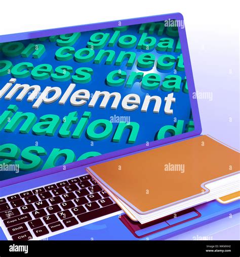 Implement Word Cloud Laptop Showing Implement Or Executing A Plan Stock Photo Alamy