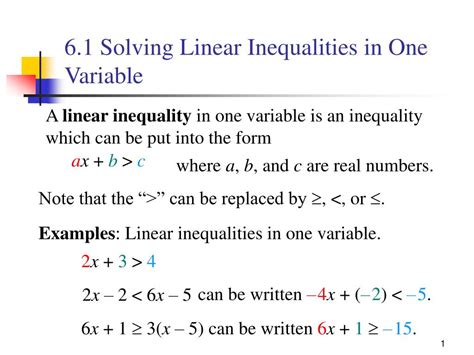 Ppt 6 1 Solving Linear Inequalities In One Variable Powerpoint Presentation Id 2983917