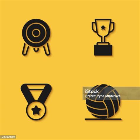 긴 그림자가 있는 대상 스포츠 배구 공 메달 및 수상 컵 아이콘을 설정합니다 벡터 1에 대한 스톡 벡터 아트 및 기타 이미지 1 3위 검은색 Istock