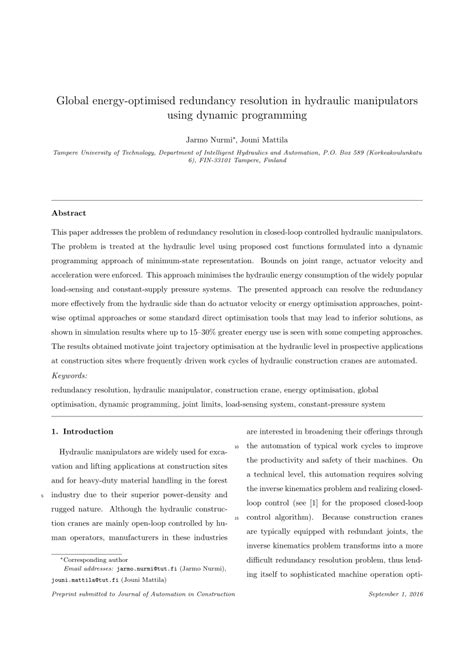 Pdf Global Energy Optimised Redundancy Resolution In Hydraulic Manipulators Using Dynamic
