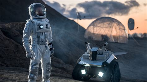 외계 행성 탐사에 자신 있게 서 우주 복에 우주 비행사는 지구의 표면 배경 연구 자료에서 역 및 로버 우주 여행 식민 개념입니다 우주 비행사에 대한 스톡 사진 및 기타