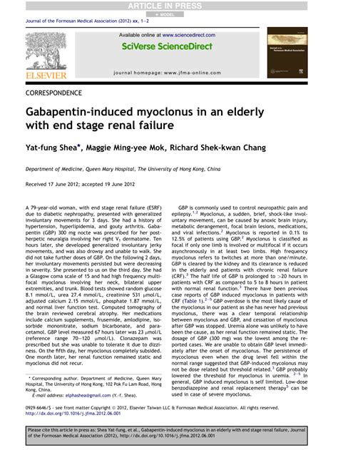 Pdf Gabapentin Induced Myoclonus In An Elderly With End Stage Renal