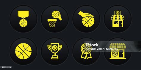 농구 공 스포츠 상점 및 농구공 어워드 컵 어워드 핸드 및 메달 아이콘을 설정합니다 벡터 건축하기에 대한 스톡 벡터 아트 및 기타 이미지 Istock