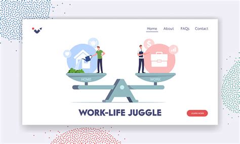 작업 및 홈 랜딩 페이지 템플릿 간의 균형 경력 이나 가족과 거 대 한 규모에 균형 작은 남성 캐릭터 저울에 대한 스톡 벡터 아트 및 기타 이미지 Istock