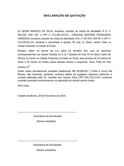 Declaração De Quitação De Imóvel Pdf