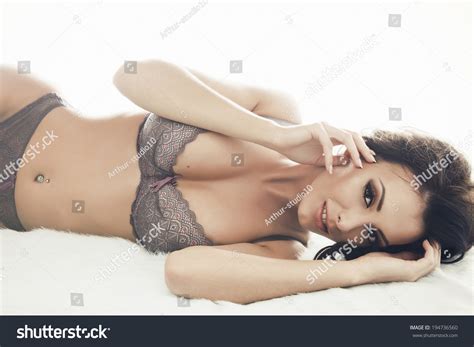 Sexy Slim Brunette Woman Posing Bed Stock Photo Shutterstock
