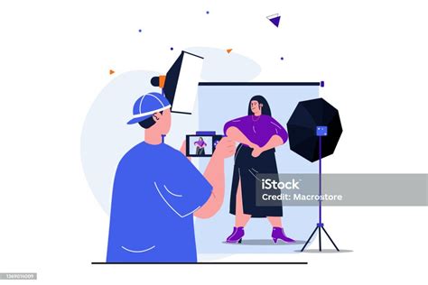 웹 배너 디자인을위한 사진 스튜디오 현대 평면 개념 스포트라이트가 있는 전문 스튜디오에서 포즈를 취하기 위해 포즈를 취하는 남성 사진작가 격리된 사람 장면의 벡터 그림