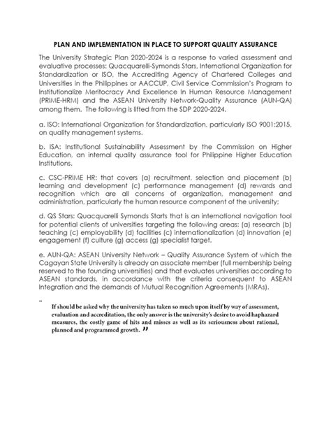 Plan And Implementation In Place To Support Quality Assurance