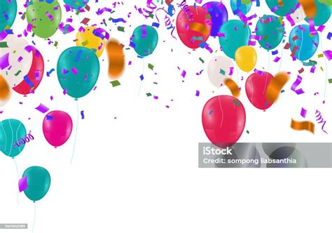 행복 한 타이포그래피 벡터 디자인입니다 생일 축하를 위한 템플릿입니다 호일 색종이와 반짝이 풍선 공휴일에 대한 스톡 벡터 아트