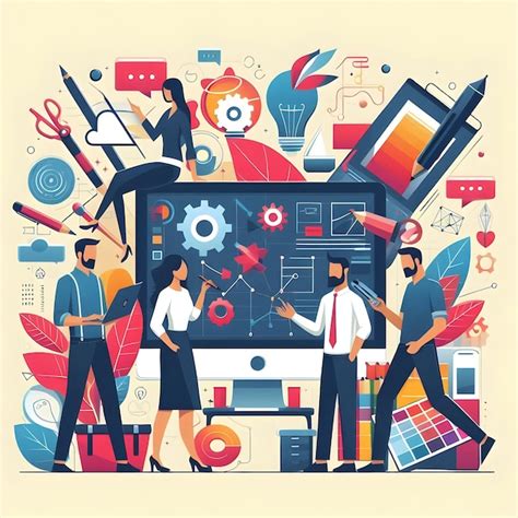 Flat Design As Design Team Collaborating On A New Product Concept As A Vector Illustration Of A