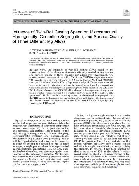 Pdf Influence Of Twin Roll Casting Speed On Microstructural Homogeneity Centerline