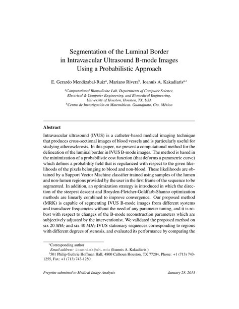 Pdf Segmentation Of The Luminal Border In Intravascular Ultrasound B Mode Images Using A