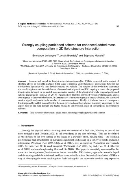 Pdf Strongly Coupling Partitioned Scheme For Enhanced Added Mass Computation In 2d Fluid