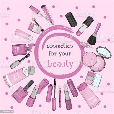 에이핑크 배경에 여성 화장품세트 얼굴과 손톱 장식 화장품 스케치 스타일의 다채로운 벡터 일러스트레이션 개선에 대한 스톡 벡터 아트 및 기타 이미지 Istock