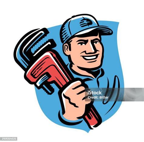 조정 가능한 렌치 도구 엠블럼을 가진 행복한 배관공 배관 작업 및 위생 서비스 로고 벡터 일러스트 레이 션 개선에 대한 스톡 벡터 아트 및 기타 이미지 Istock