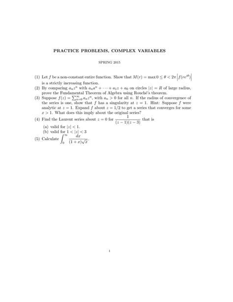 Practice Problems Complex Variables