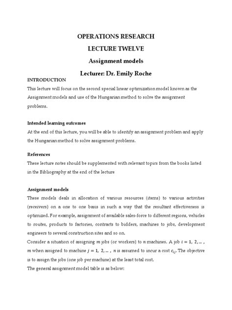 Operations Research Lecture Twelve Assignment Models Pdf